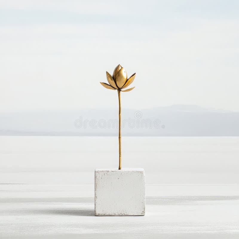 Minimalist Golden Lotus Sculpture on Textured Concrete Base in Serene ...