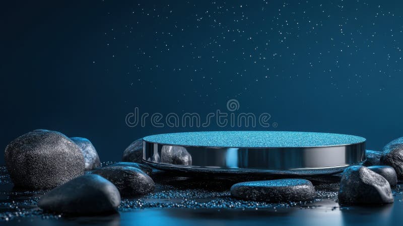 Minimalist Granite Platform and Rocks with Sparkling Particles in Blue ...