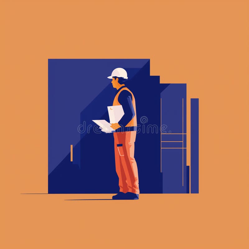 A Minimalist Graphic of a Construction Worker with a Blueprint. Flat ...