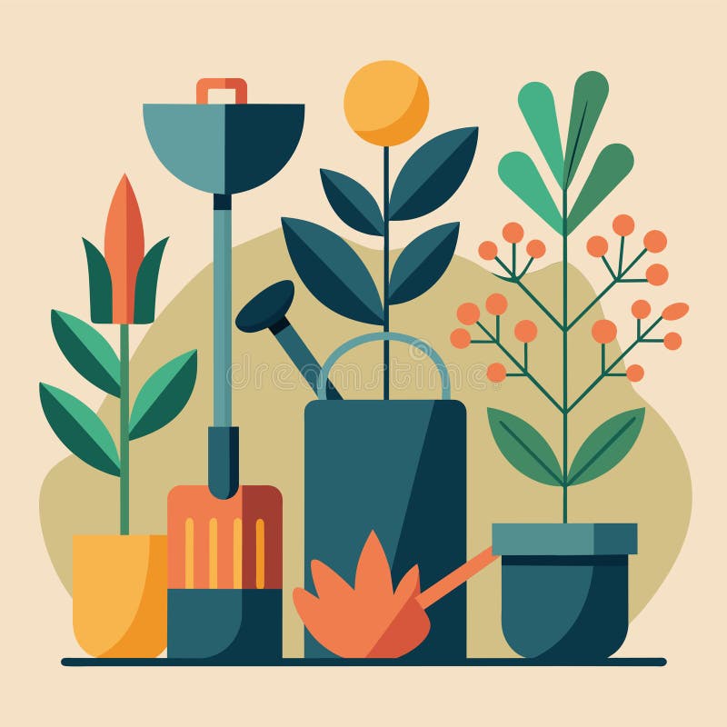 A Minimalist Graphic Illustration Featuring Common Gardening Tools and ...