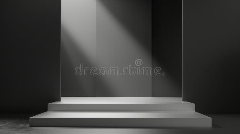 Minimalist Gray Interior with Light Rays Shining on White Steps Stock ...