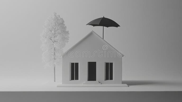 Minimalist Grayscale House Model with Umbrella and Tree Stock ...