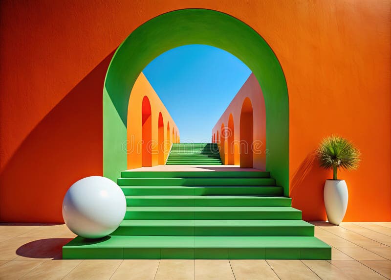 Minimalist Green Arch Structure with Orange Steps and White Sphere a ...