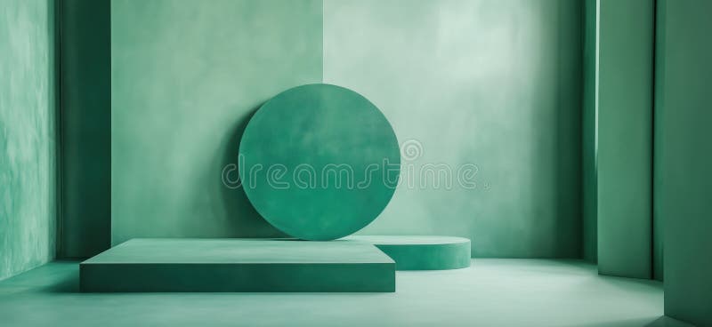 Minimalist Green Interior with Geometric Shapes, Featuring Circular and ...