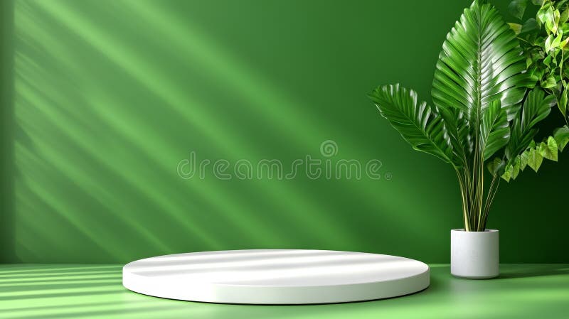 Minimalist Green Interior with Potted Plant and White Circular Platform ...