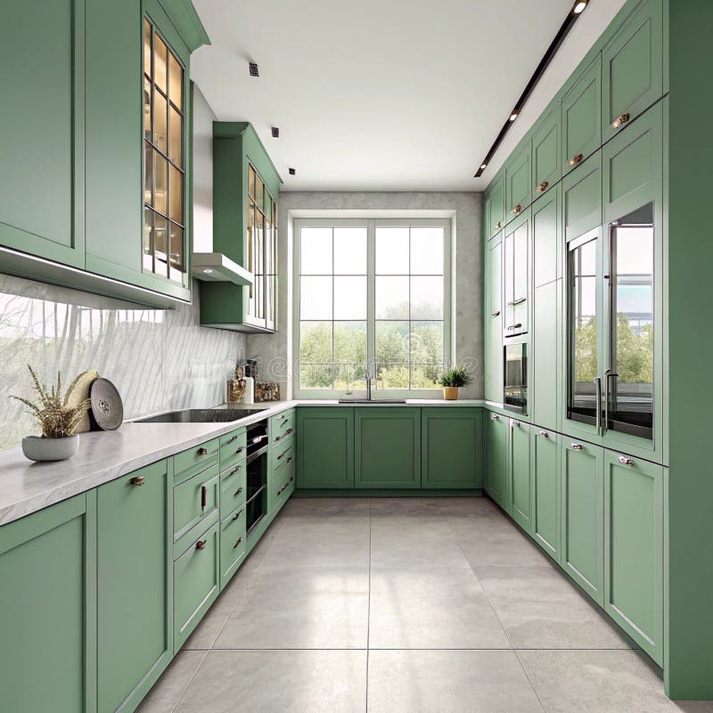 Green Kitchen Room with Minimalist Design Stock Photo - Image of ...