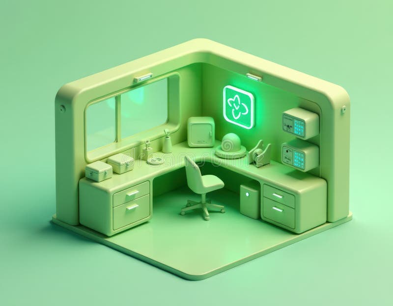 Minimalist Green Office Desk 3D Render - Modern Workspace Interior ...