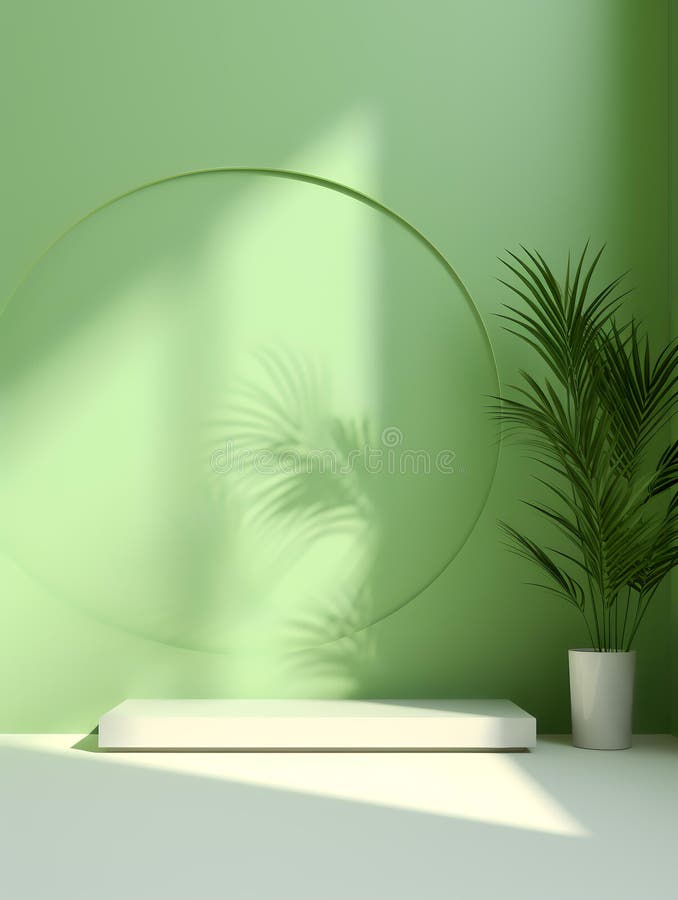 Minimalist Green Studio with Plant, Sunlight, and White Platform for ...