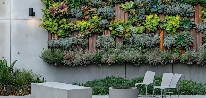 Minimalist Grey Coffee Shop Terrace with Vertical Garden. Side View ...