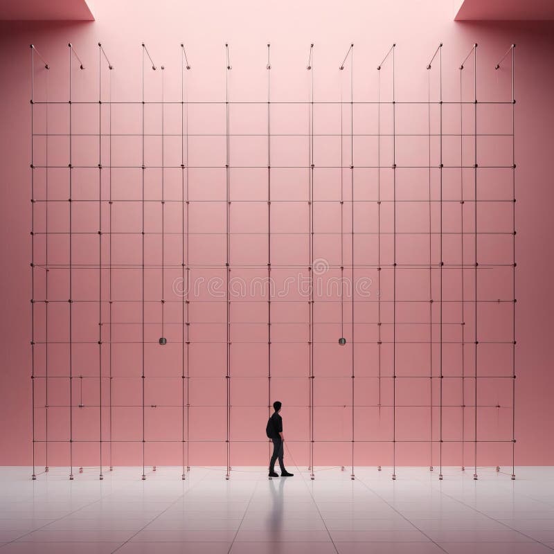 Minimalist Grid Installation with Suspended Spherical Objects Stock ...