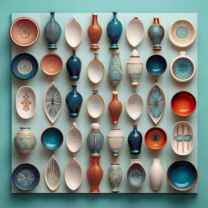 The Minimalist Grid Layout Highlights Ceramic and Glass Items Stock ...