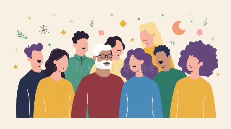Minimalist Group Illustration of Nine People in a Joyful Inclusive ...