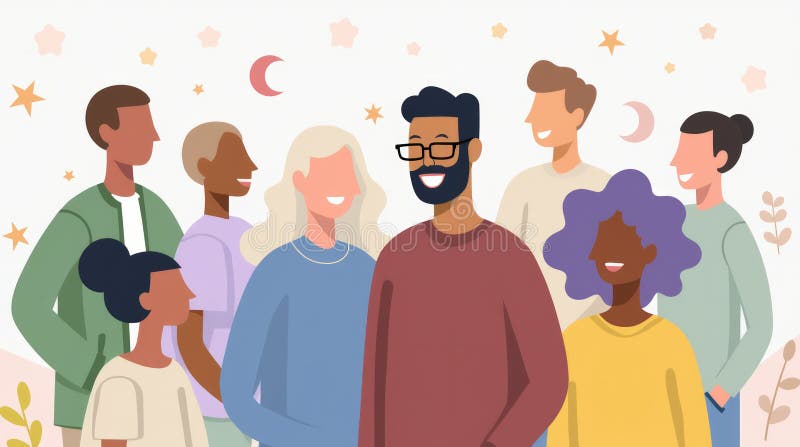 Minimalist Group Illustration of Nine People in a Joyful Inclusive ...