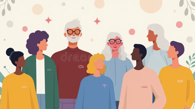 Minimalist Group Illustration of Nine People in a Joyful Inclusive ...