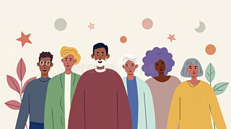Minimalist Group Illustration of Nine People in a Joyful Inclusive ...