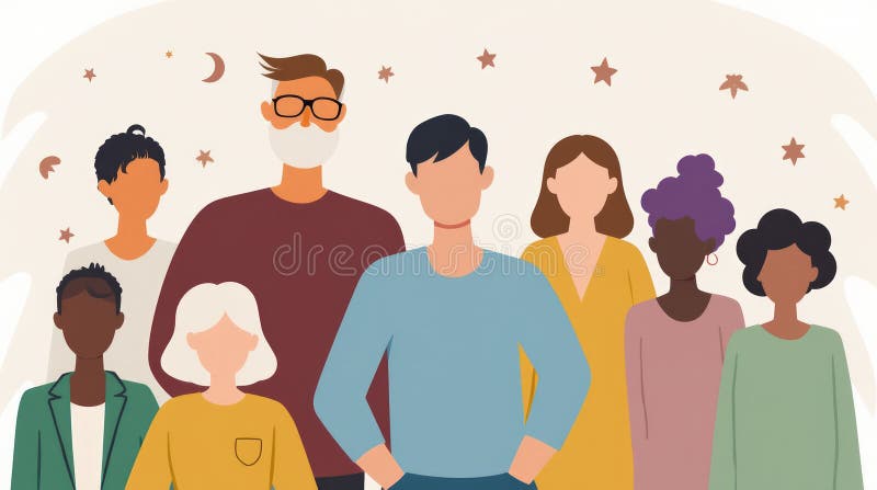Minimalist Group Illustration of Nine People in a Joyful Inclusive ...