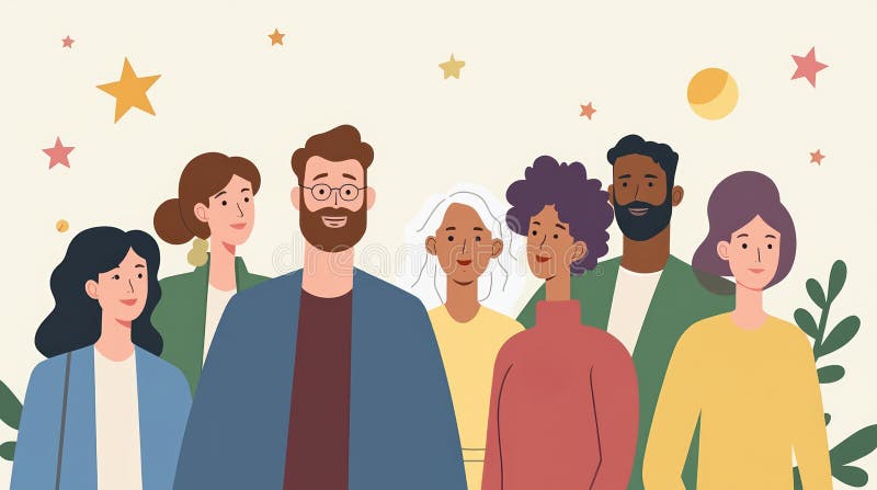 Minimalist Group Illustration of Nine People in a Joyful Inclusive ...