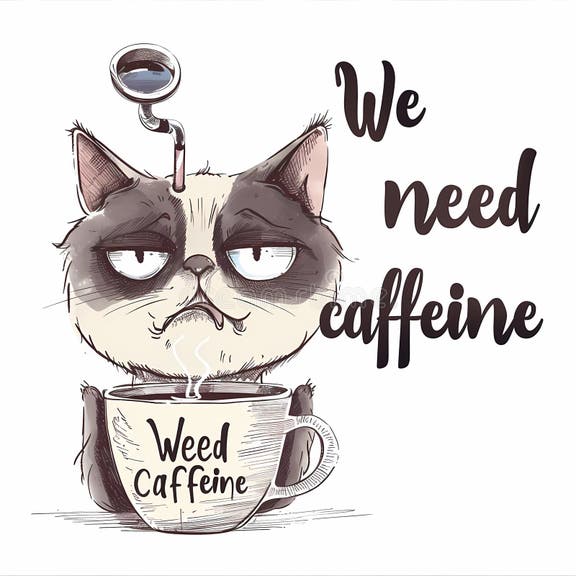 Minimalist Grumpy Cat with Coffee Cup – "we Need Caffeine" Stock ...