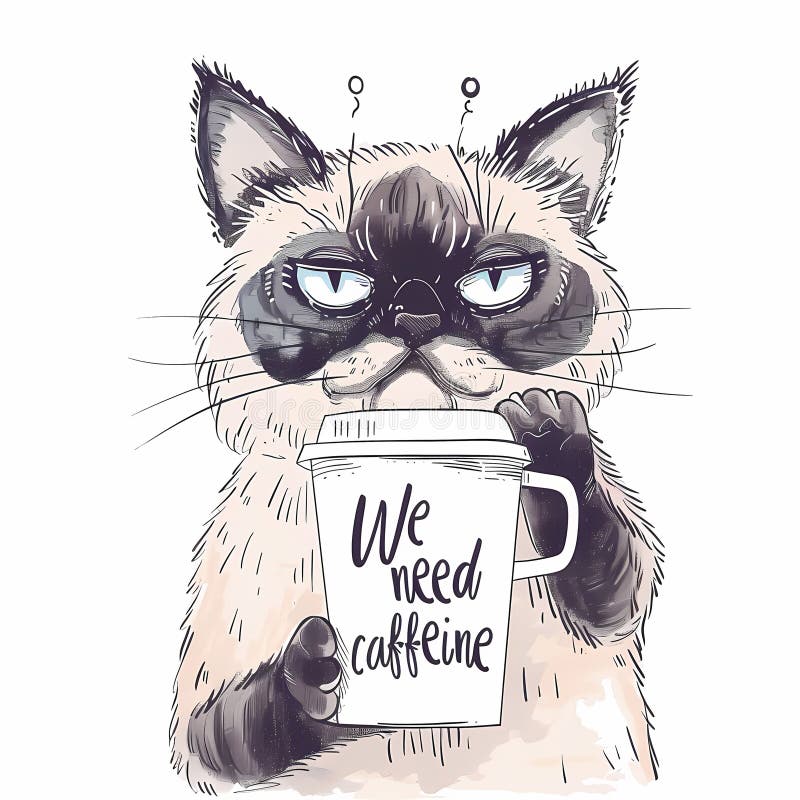 Minimalist Grumpy Cat with Coffee Cup – "we Need Caffeine" Stock ...