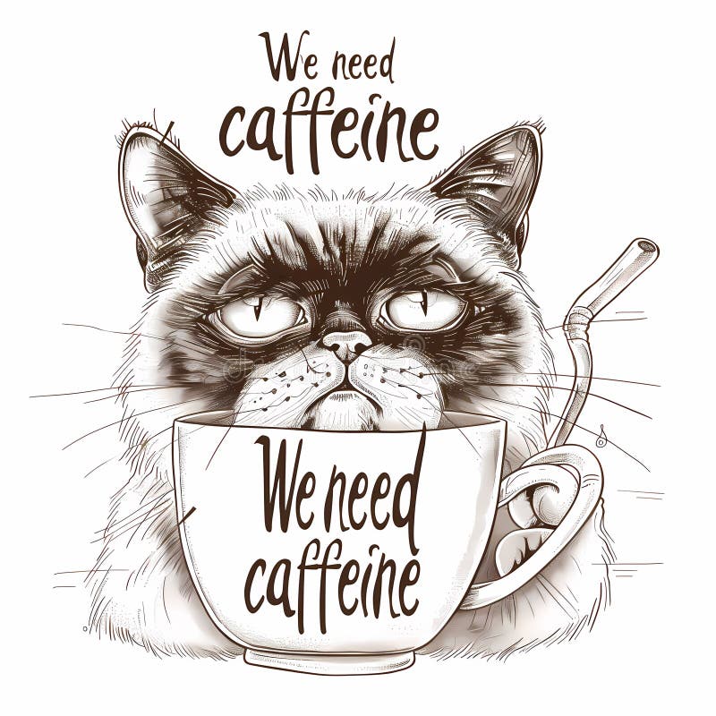 Minimalist Grumpy Cat with Coffee Cup – "we Need Caffeine" Stock ...