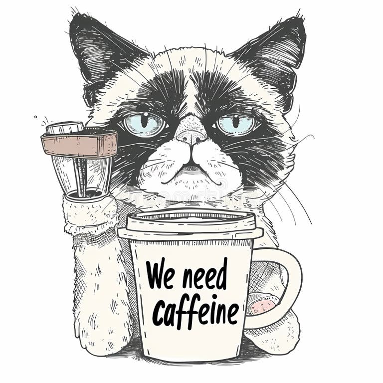 Minimalist Grumpy Cat with Coffee Cup – "we Need Caffeine" Stock ...