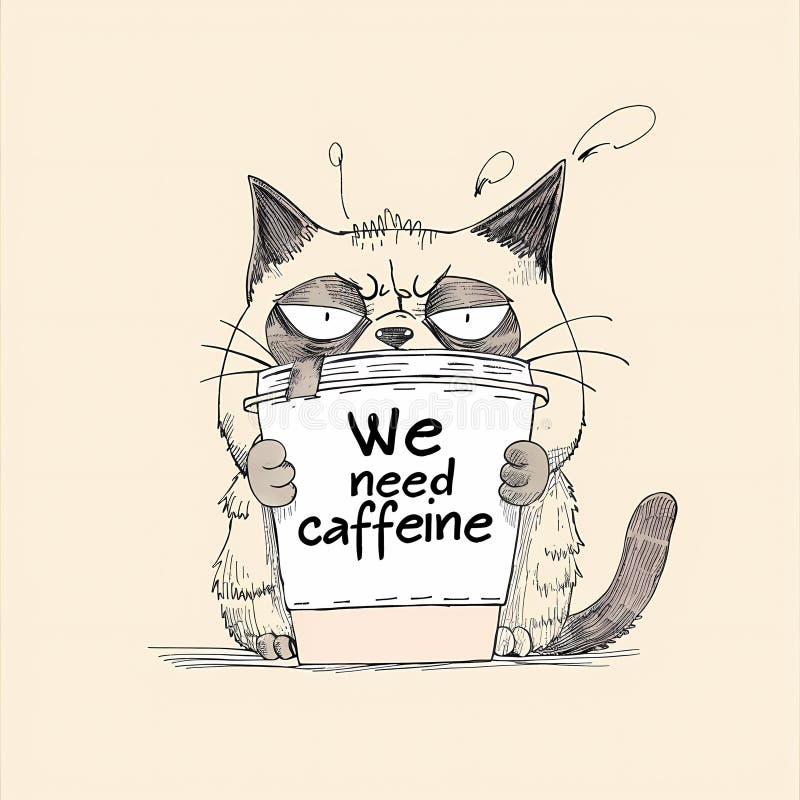 Minimalist Grumpy Cat with Coffee Cup – "we Need Caffeine" Stock ...