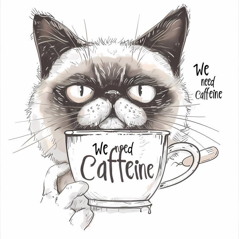 Minimalist Grumpy Cat with Coffee Cup – "we Need Caffeine" Stock ...