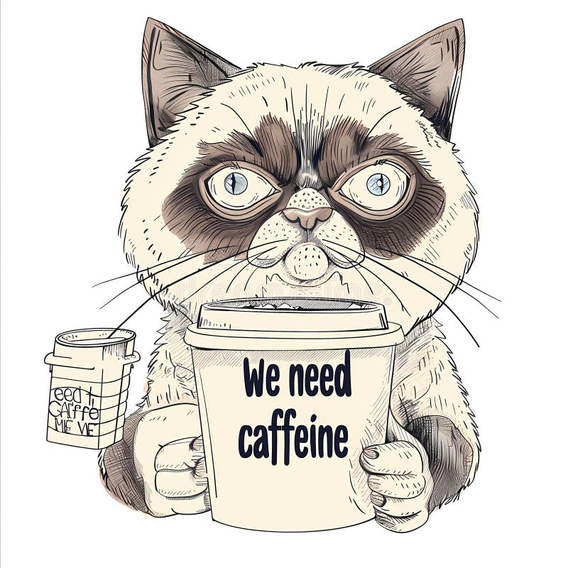 Minimalist Grumpy Cat with Coffee Cup – "we Need Caffeine" Stock ...