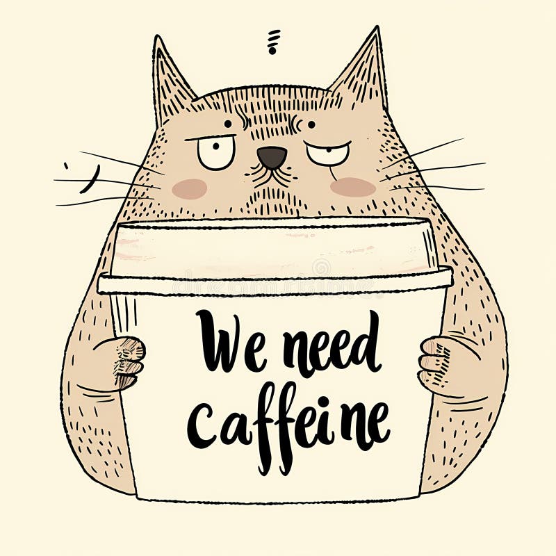 Minimalist Grumpy Cat with Coffee Cup – "we Need Caffeine" Stock ...
