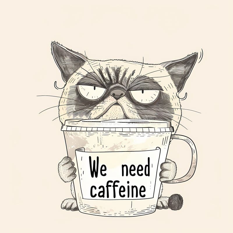 Minimalist Grumpy Cat with Coffee Cup – "we Need Caffeine" Stock ...