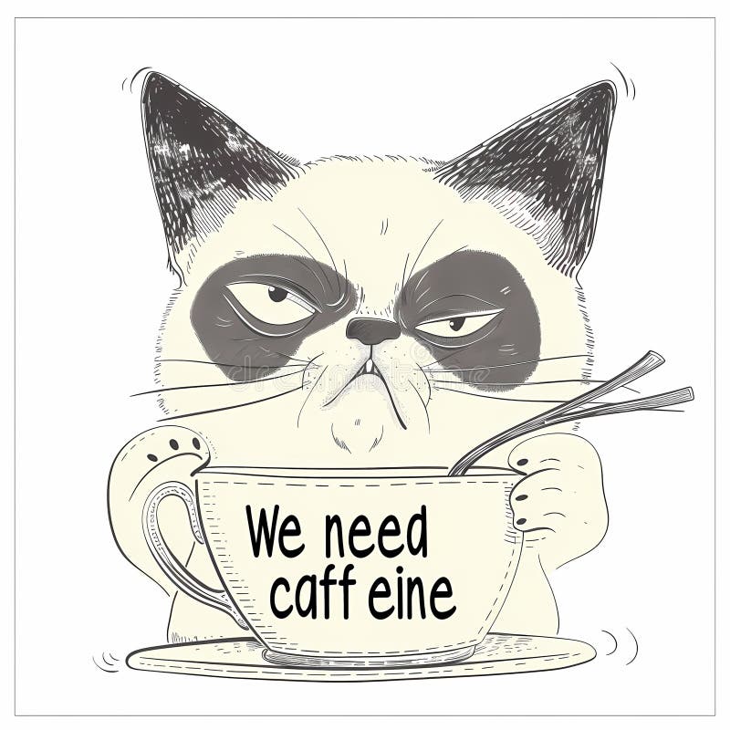 Minimalist Grumpy Cat with Coffee Cup – "we Need Caffeine" Stock ...