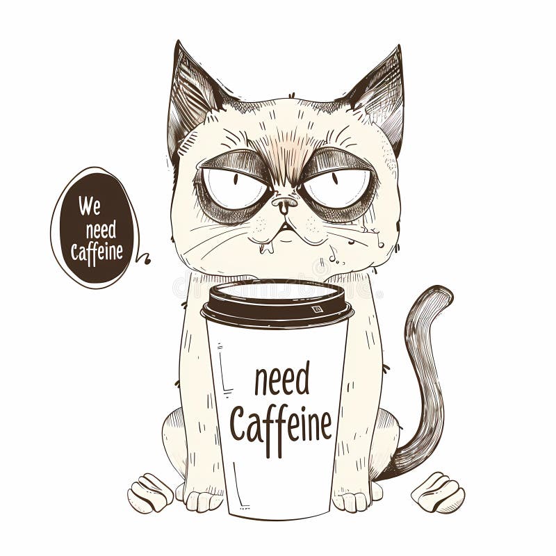 Minimalist Grumpy Cat with Coffee Cup – "we Need Caffeine" Stock ...