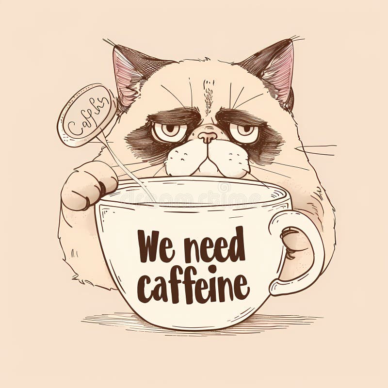 Minimalist Grumpy Cat with Coffee Cup – "we Need Caffeine" Stock ...