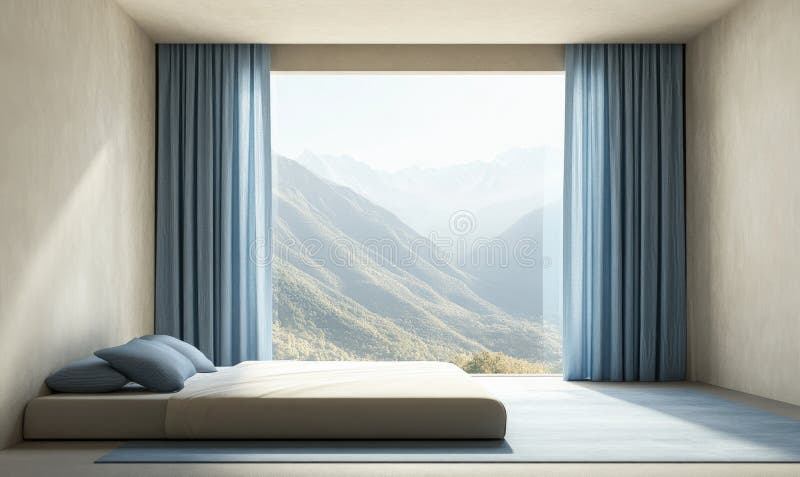 Minimalist Guest Room, Oversized Window with Blue Curtains Stock Image ...