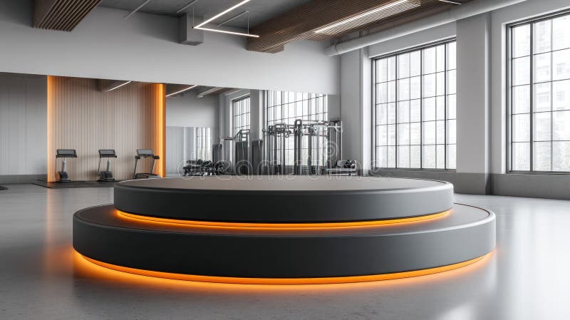 A Minimalist Gym with a Podium in the Foreground, Illuminated by Warm ...