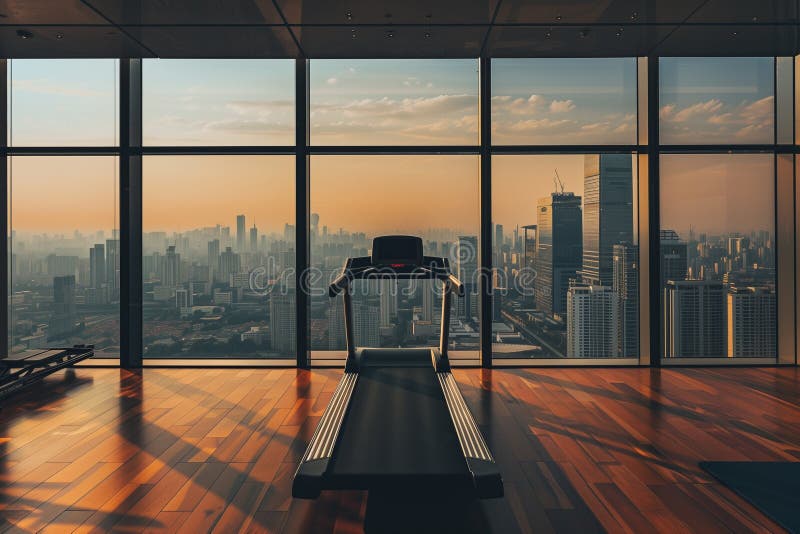 Minimalist Gym with Treadmill in Front of Panoramic City View Stock ...