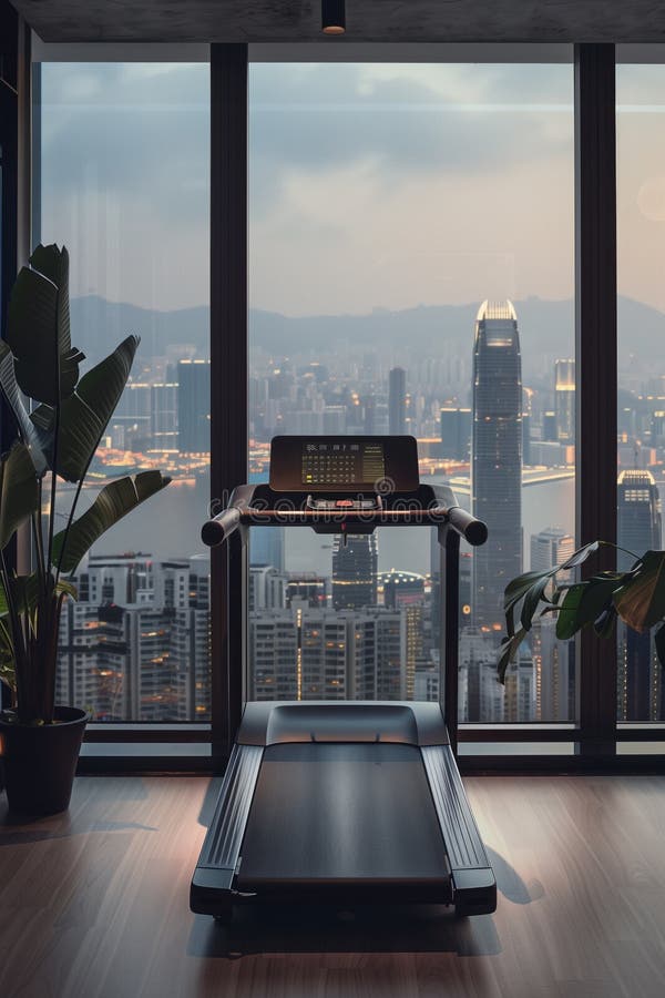 Minimalist Gym with Treadmill in Front of Panoramic City View Stock ...