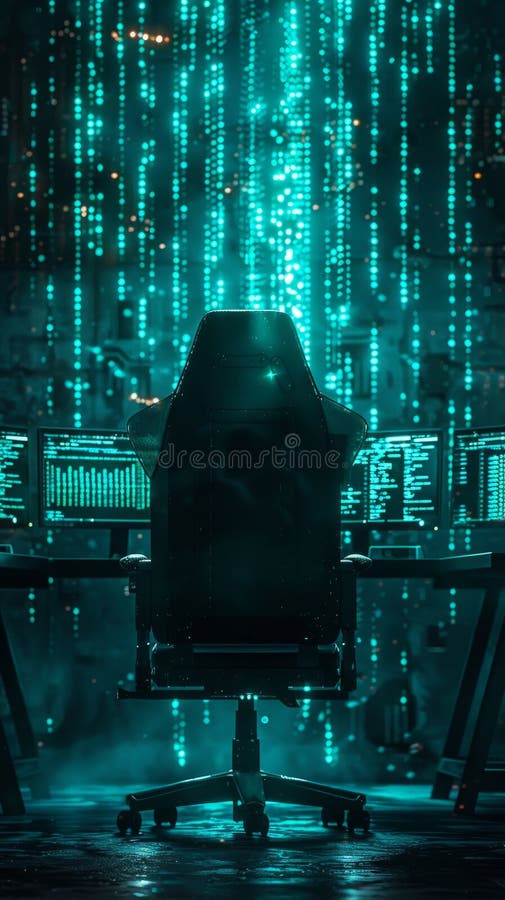 Minimalist Hacker Presence Implied: Empty Chair Facing Monitors W/ Code ...