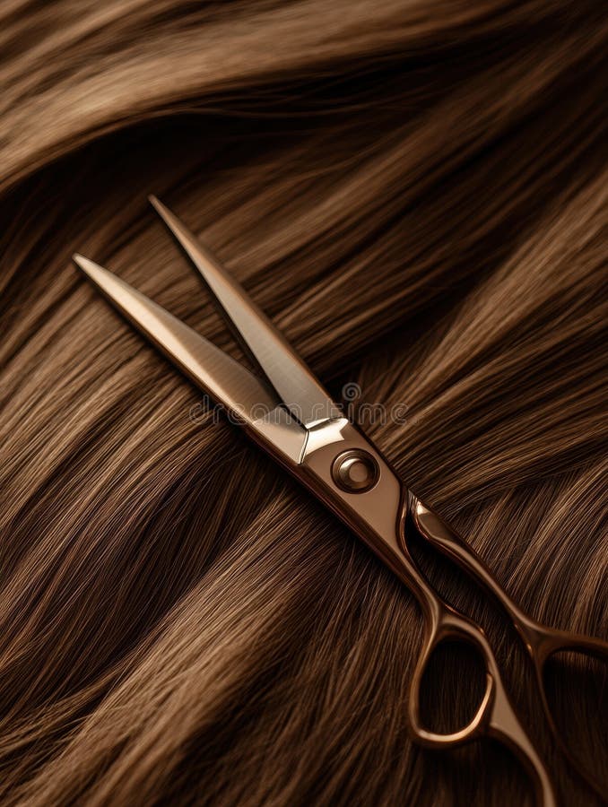 Minimalist Hair Cutting Scissors Resting on Soft Strands of Hair with ...