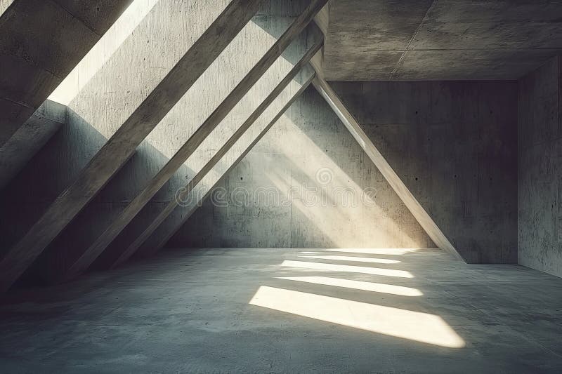 A Minimalist Hall with Concrete Walls, Grey Sloped Ceilings, and Both ...