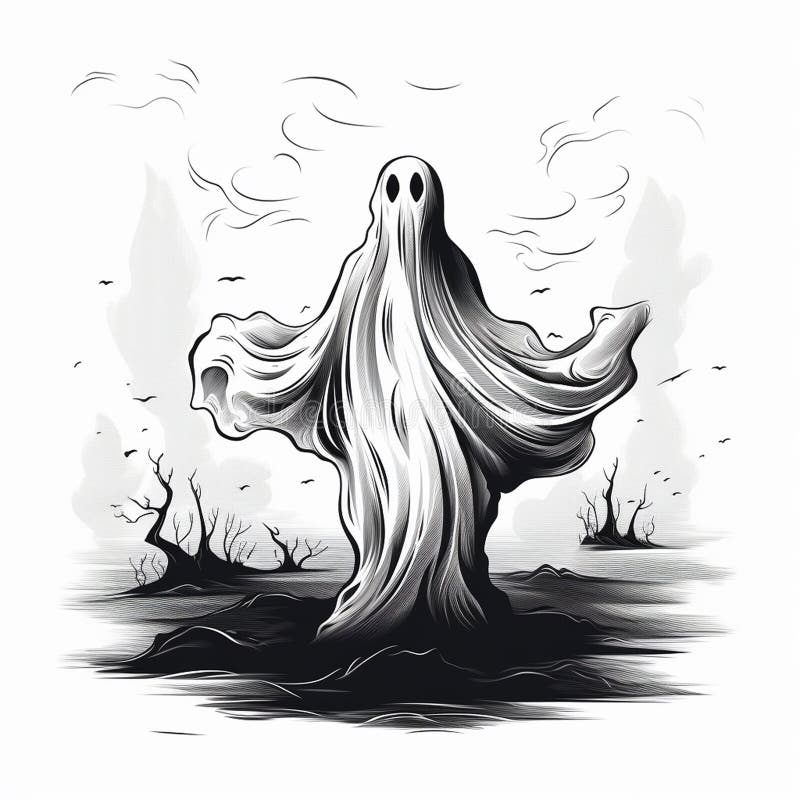 Minimalist Halloween Ghost Drawing with a Pumpkin Patch Stock ...