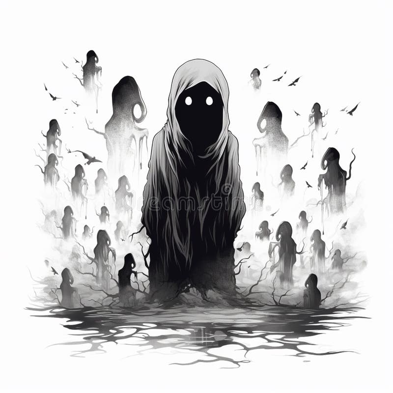 Minimalist Halloween Ghost Drawing with a Pumpkin Patch Stock ...