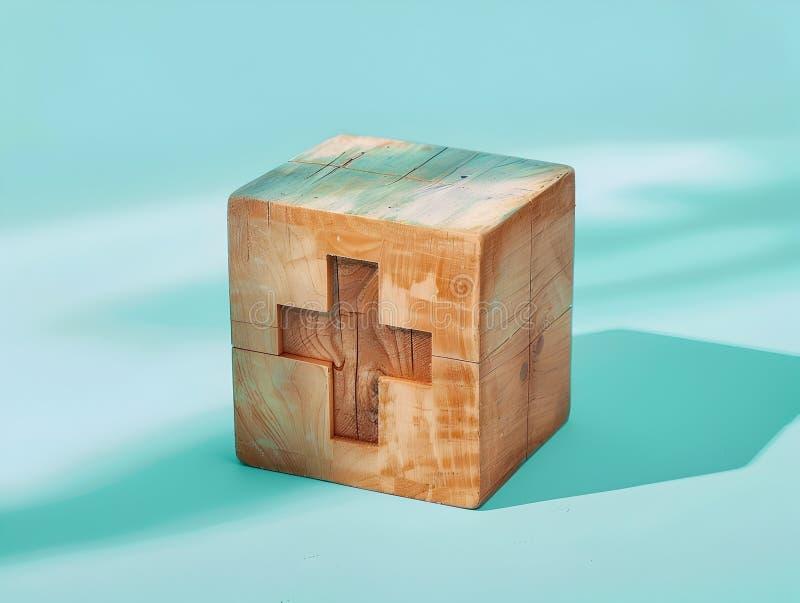 Minimalist Hand Crafted Wooden Cube with Embedded Plus Sign on Light ...