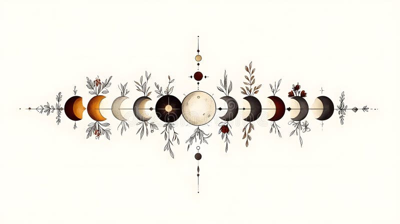 Minimalist Hand Drawn Boho Moon Phase Set with Floral Elements and ...