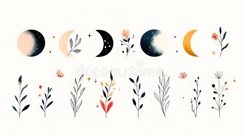 Minimalist Hand Drawn Boho Moon Phases with Floral Elements and Stars ...