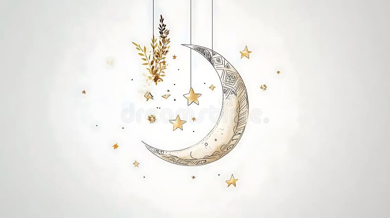 Minimalist Hand Drawn Moon with Stars and Delicate Foliage Creates ...