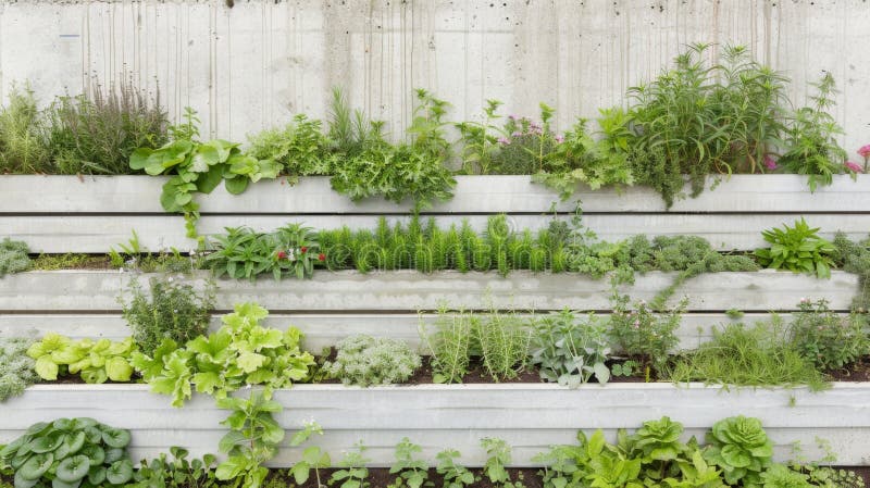 A Minimalist Herb Garden Against a Concrete Backdrop, Showcasing an ...