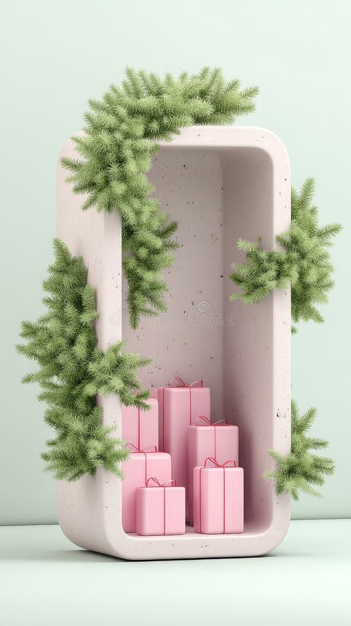 Minimalist Holiday Display with Pink Gift Boxes and Greenery in ...