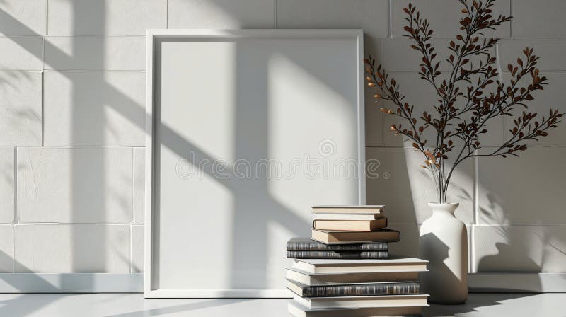 Minimalist Home Decor with Empty Frame and Stacked Books Stock Illustration - Illustration of ...