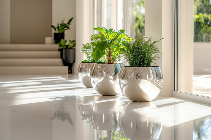 Minimalist Home Decor, Minimalist Silver Planters Clustered on a White ...
